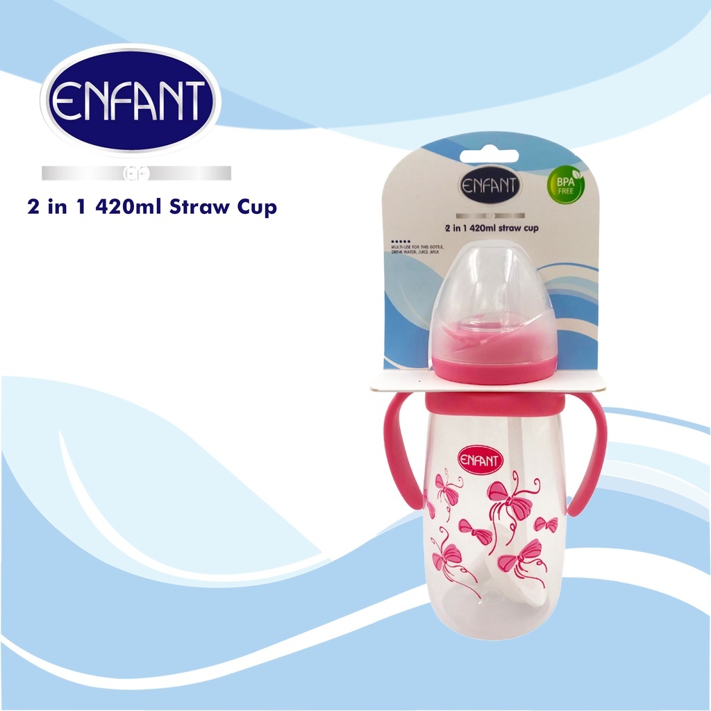 Enfant 2 in 1 420ml / 14 oz Drinking Bottle Spout + / Straw Cup With Handle (Blue/ Pink ...