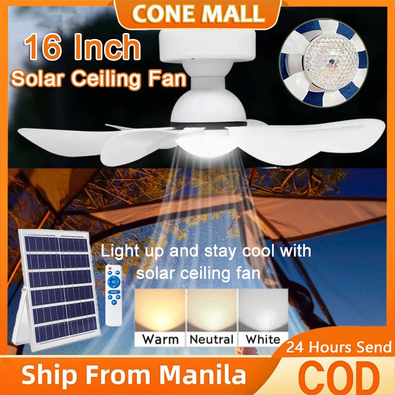 Solar Outdoor Ceiling Fan with LED Lights Remote Control Solar Fan 16 ...