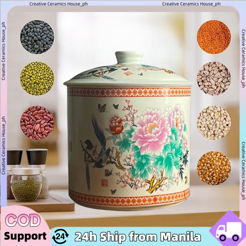 Ceramic rice dispenser 5kg 10kg 15kilos clay jar with lid porcelain ...