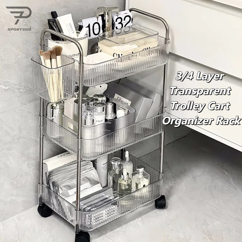 3/4 Layer Transparent Trolley Cart Moving Organizer Rack with Wheels ...