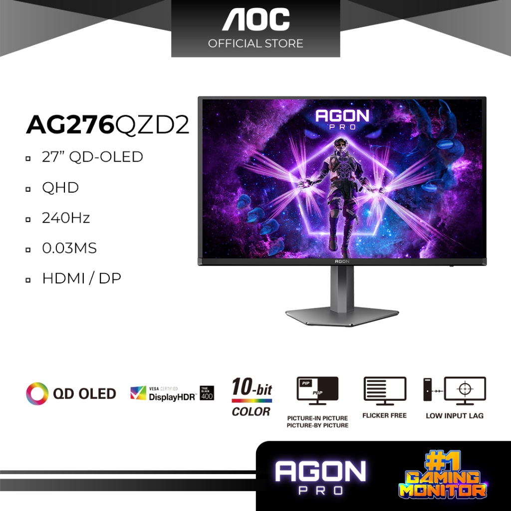 AOC Agon PRO AG276QZD2 27" OLED Tournament Gaming Monitor 2560x1440 ...