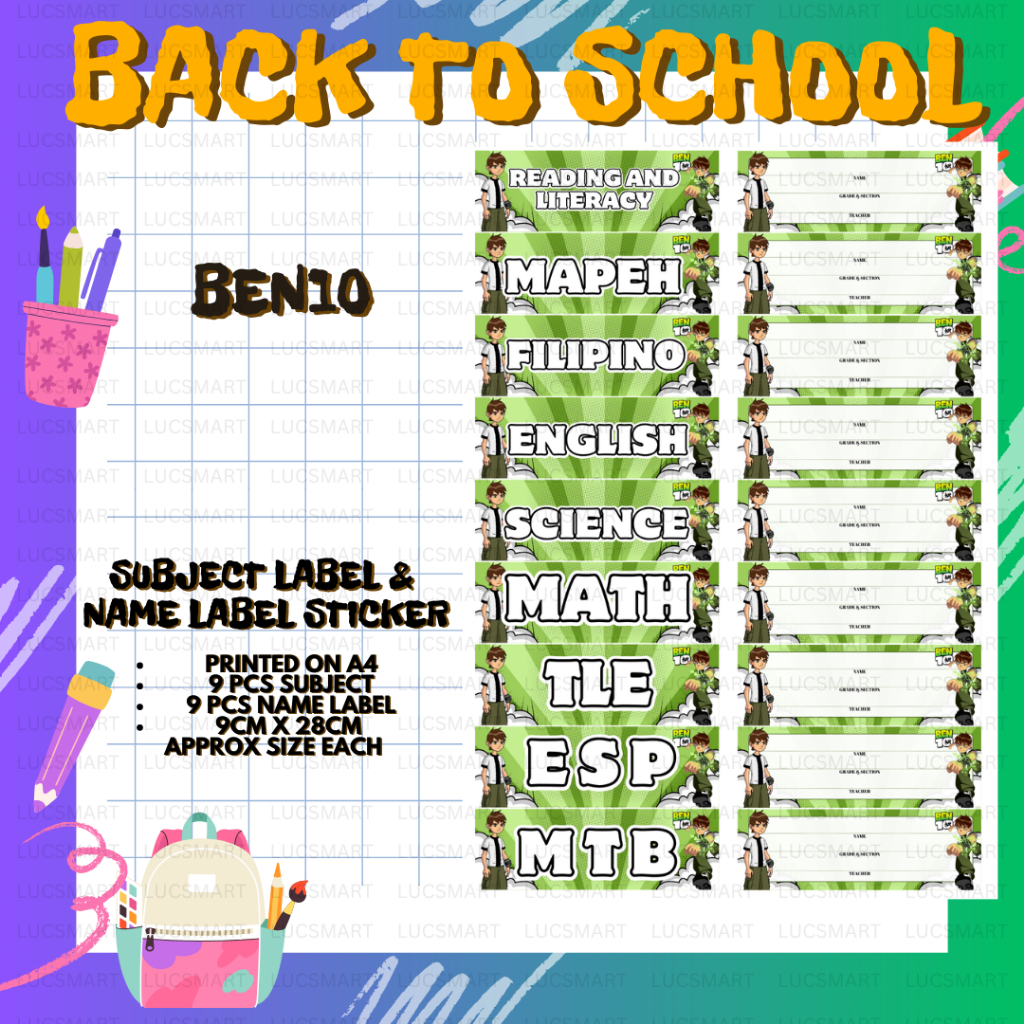 LUCSMART Fast shipping - NEW DESIGN BEN 10 THEMED Subject and Name ...