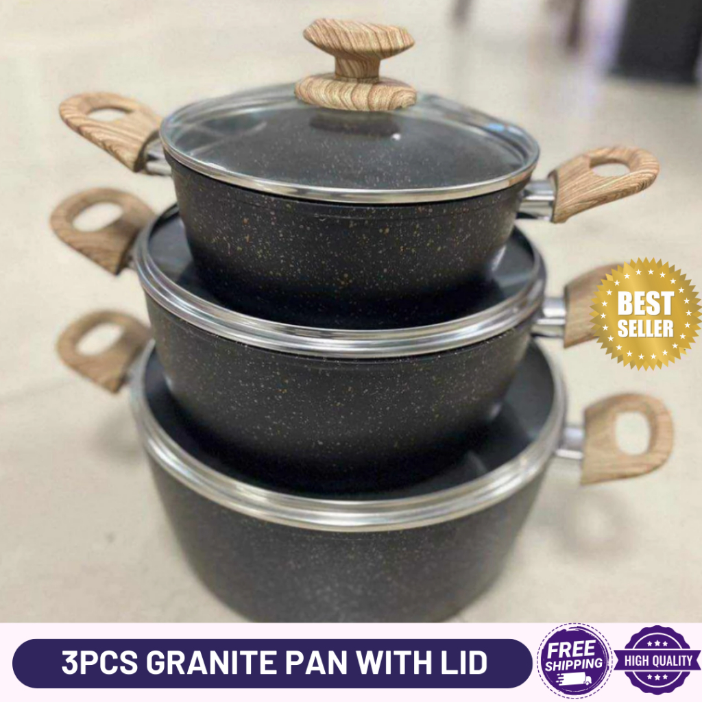 3pcs Granite Casserole Cookware Set | Non-Stick Pots with Glass Lid ...
