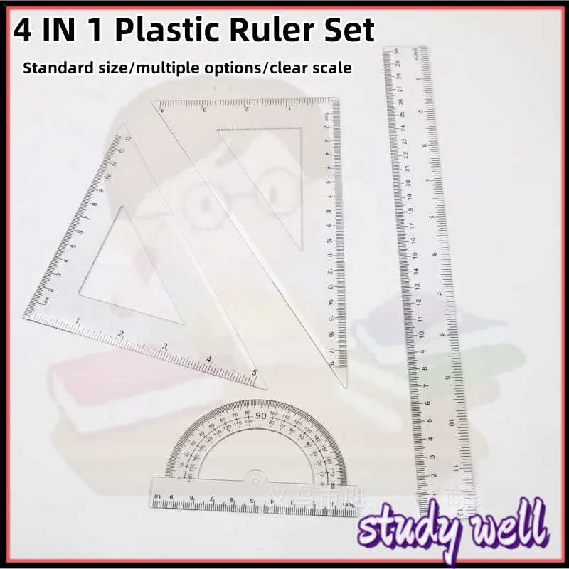 4PCS/Set 30cm Transparent Plastic Ruler Set Ruler Combo Math ...