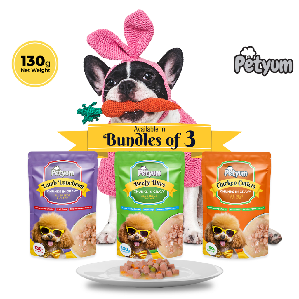 PetYum Chunks Adult Dog Puppy Wet Food Pouch Beef Chicken Lamb in Gravy ...