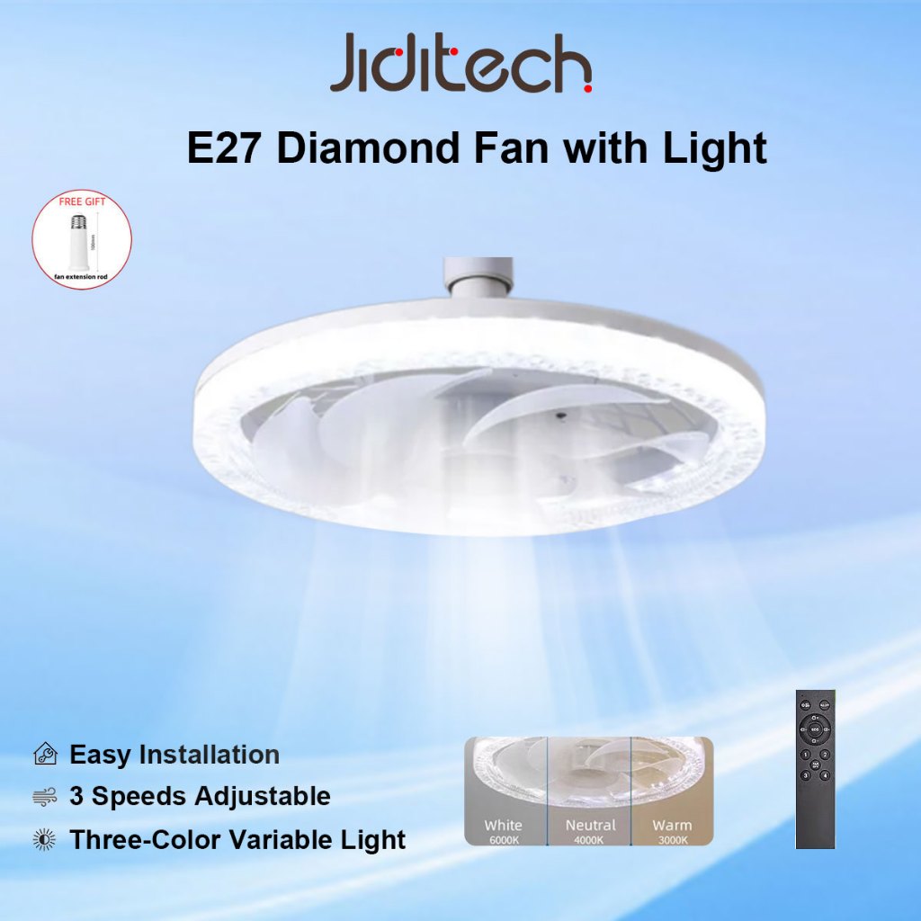 Jiditech E27 Ceiling Fan Remote Control Fan Light Silent 100W 2 IN 1 3 ...
