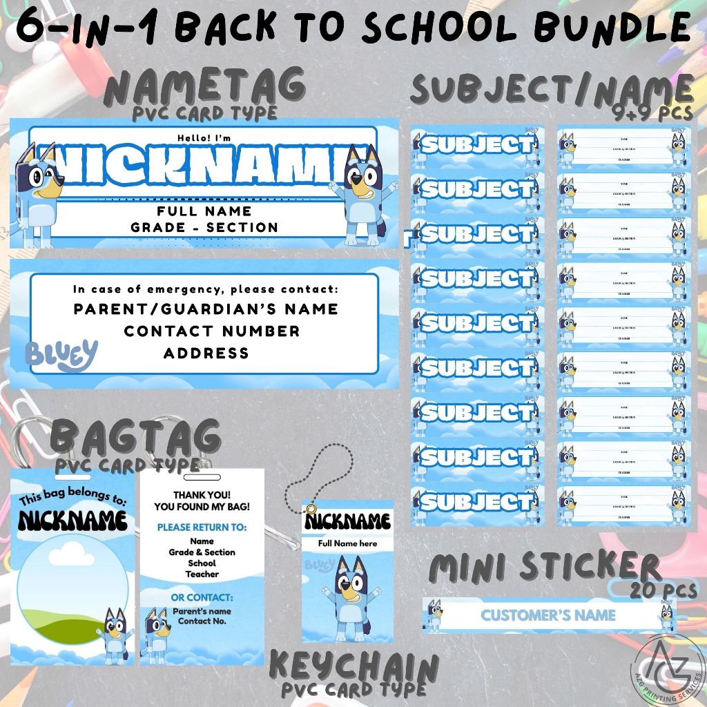 6in1 CARTOON P1 BACK TO SCHOOL BUNDLE (Nametag, Bagtag, Subject/Grade ...