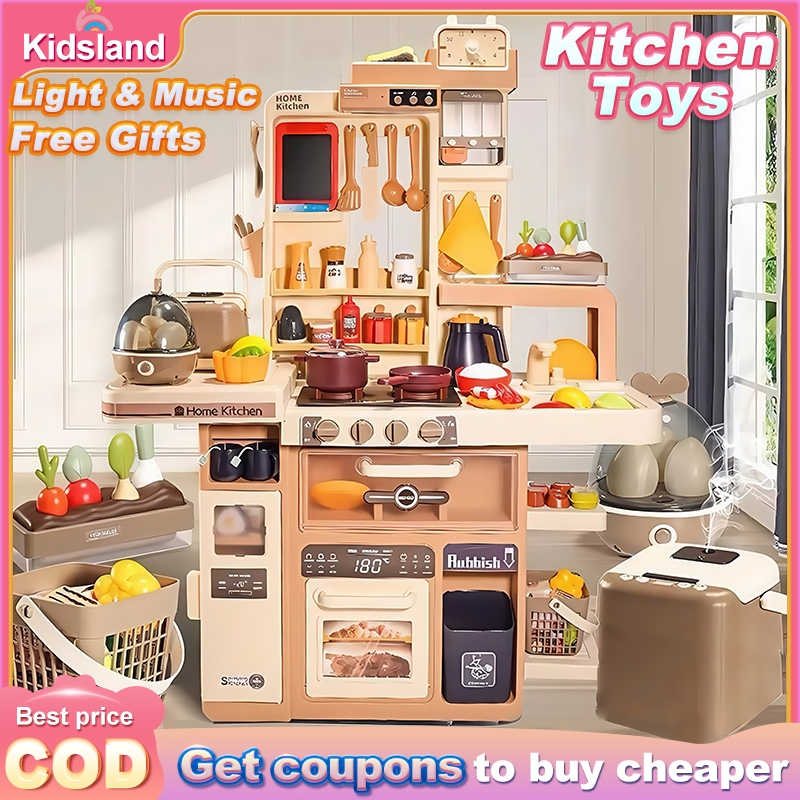 【aviliable】kidsland 95cm Kitchen Toys For Girls Big Size Real Steam Working Mini Kitchen Toy Set ...
