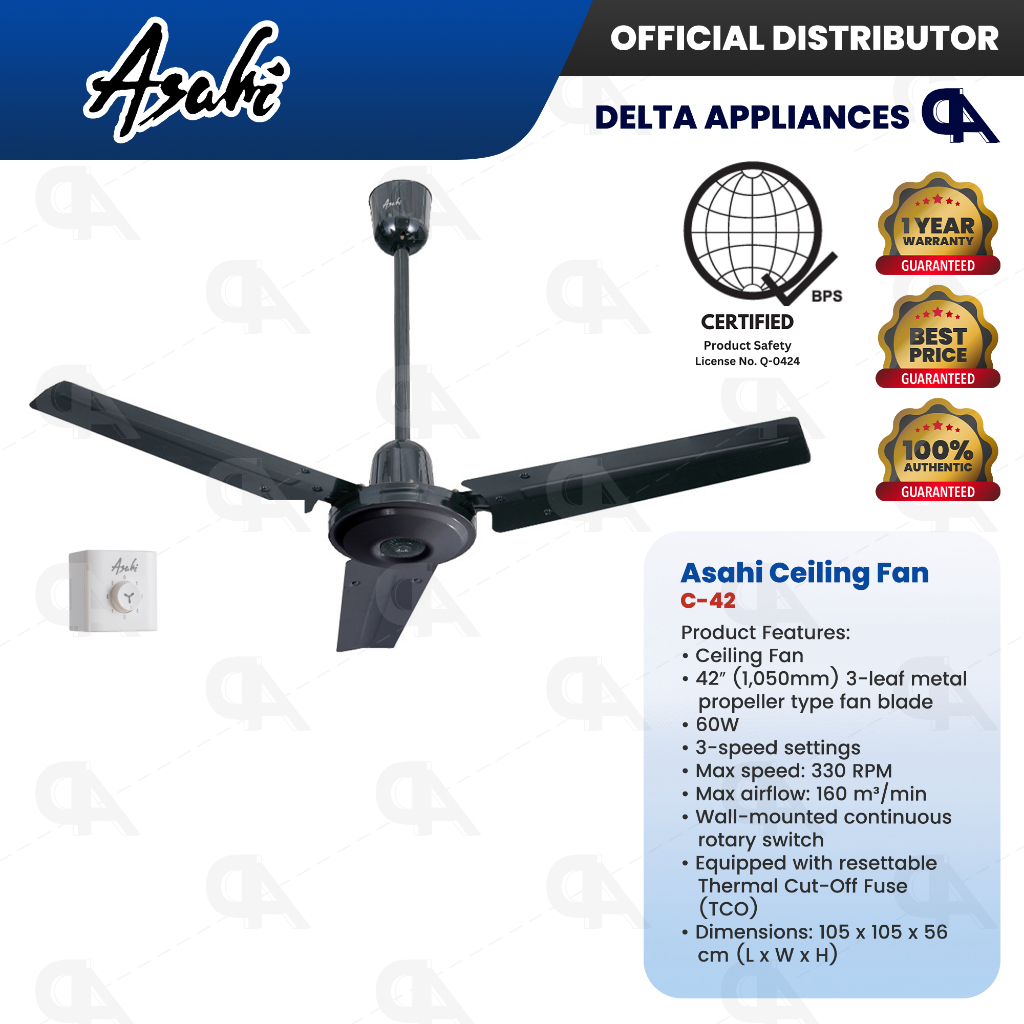 Asahi Ceiling Fan 42" Metal Propeller Painted Original w/ 1 Year ...