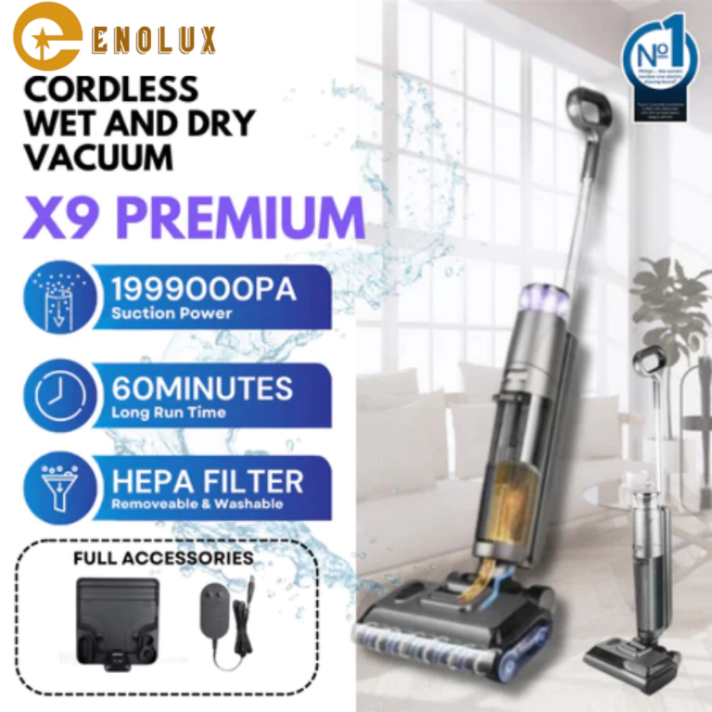 Enolux X9 Wet and Dry Cordless Mop Vacuum Cleaner 2 Edge Cleaning 99.9% ...