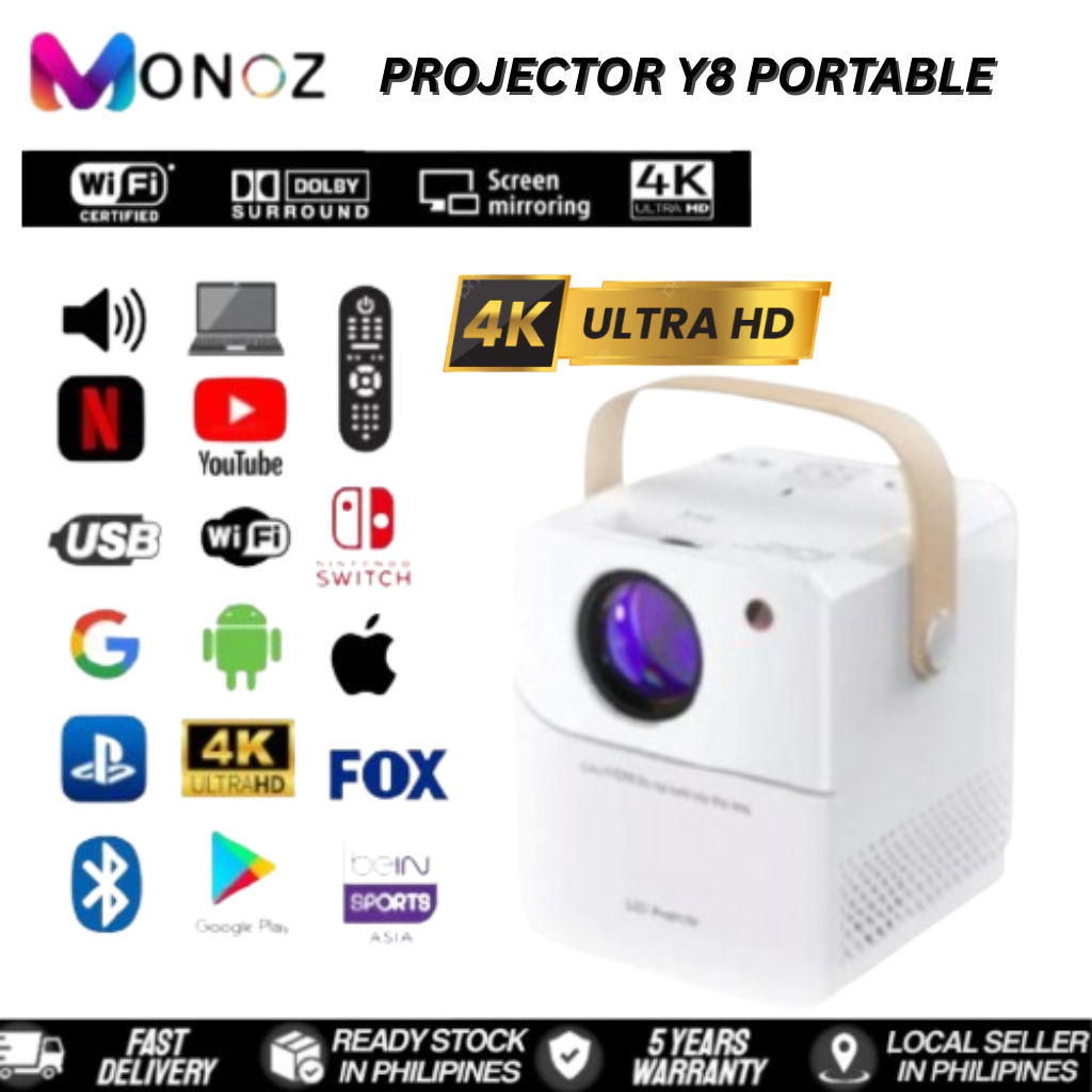 Projector Y8 Portable Mini 4K UHD 6000 Projectors Android HDMI USB ...