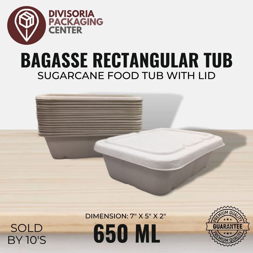 (10pcs) 650ml Bagasse Sugarcane Rectangular Tub w/ lid Takeout box/ Eco-Friendly Biodegradable ...