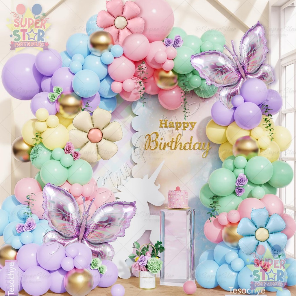 Butterfly Decoration Colorful Pastel Balloon Arch Butterfly Daisy ...