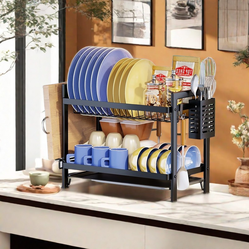 2 Tier Dish Rack Wall Mount Adjustable Stainless Steel Cutlery Rack ...