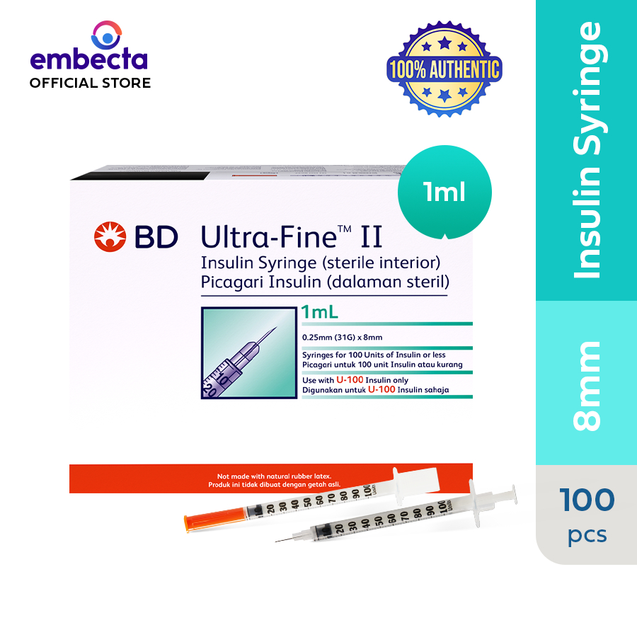 BD Ultra Fine 8mm Insulin Syringe 1ml/cc (100 pcs box) (10x10 pouch ...