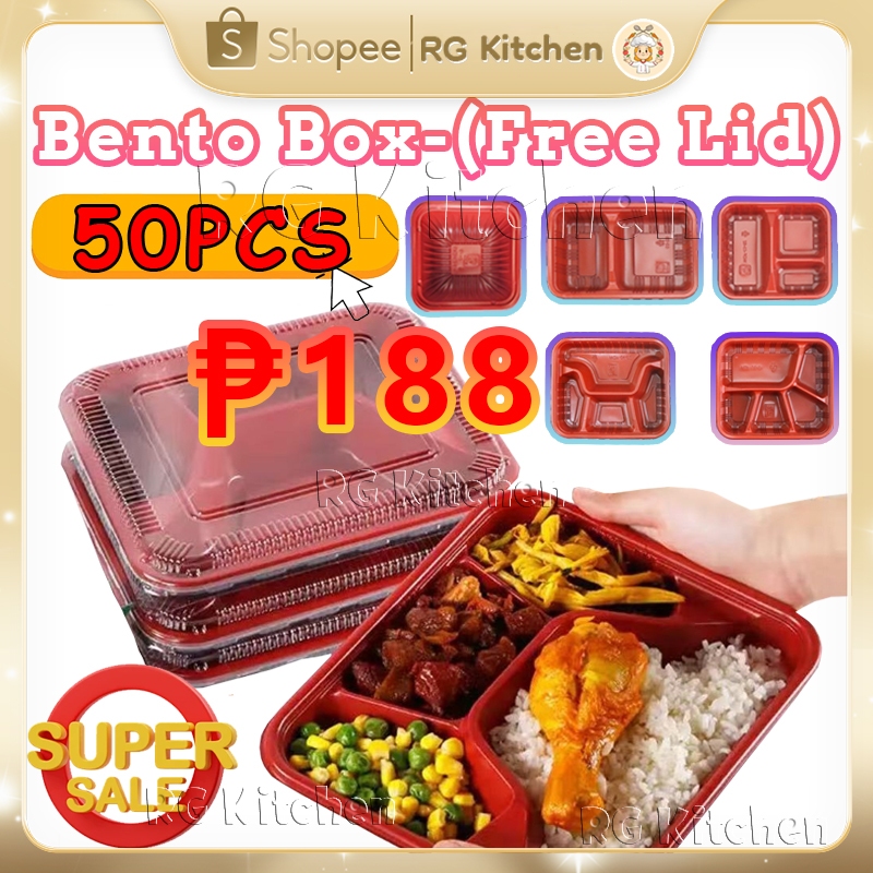 (50pcs) Thick food material red bento box 1/2/3/4/5 grid partition ...