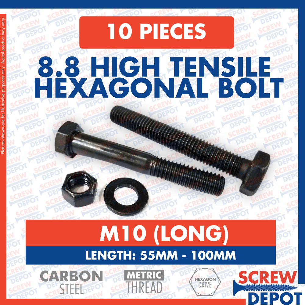 10PCS M10 (10MM) x 55MM ~ 100MM High Tensile Hex Bolt or HT Hexagonal ...