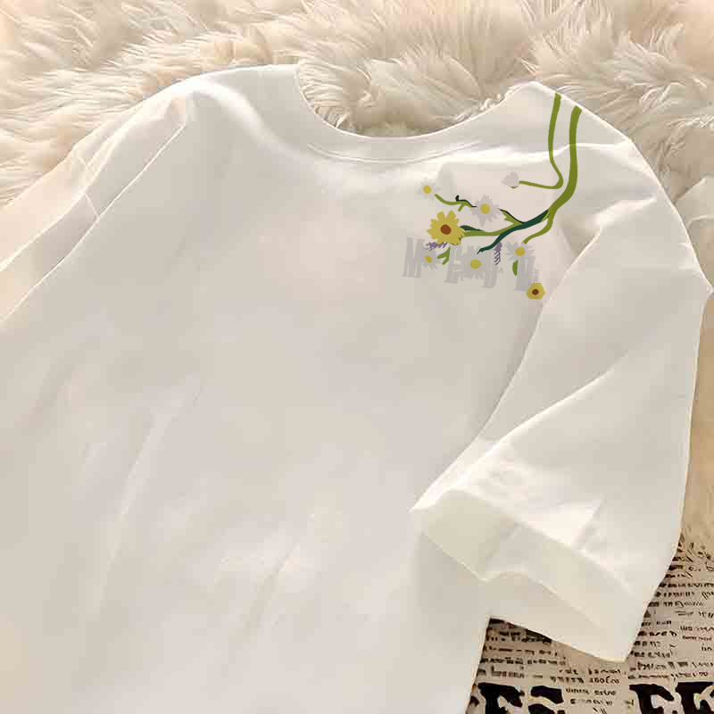 Korean style oversized round neck original drooping shoulder print pure ...