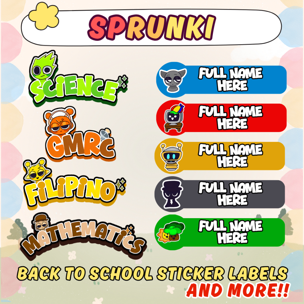 Customized Sprunki Subject and Name Label Waterproof Sticker Back to ...