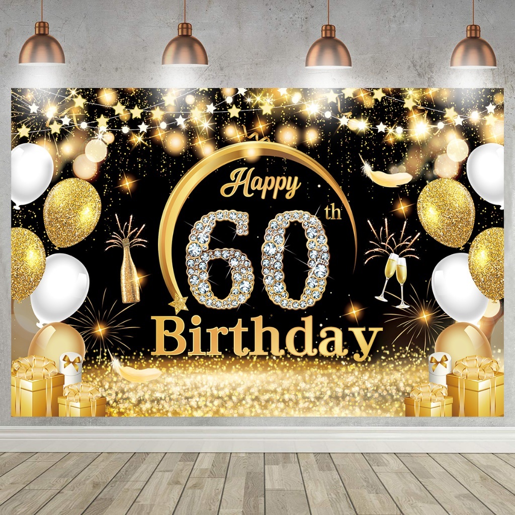 150*100cm Black Gold 50/60/70th Birthday Backdrop Happy Birthday Banner ...