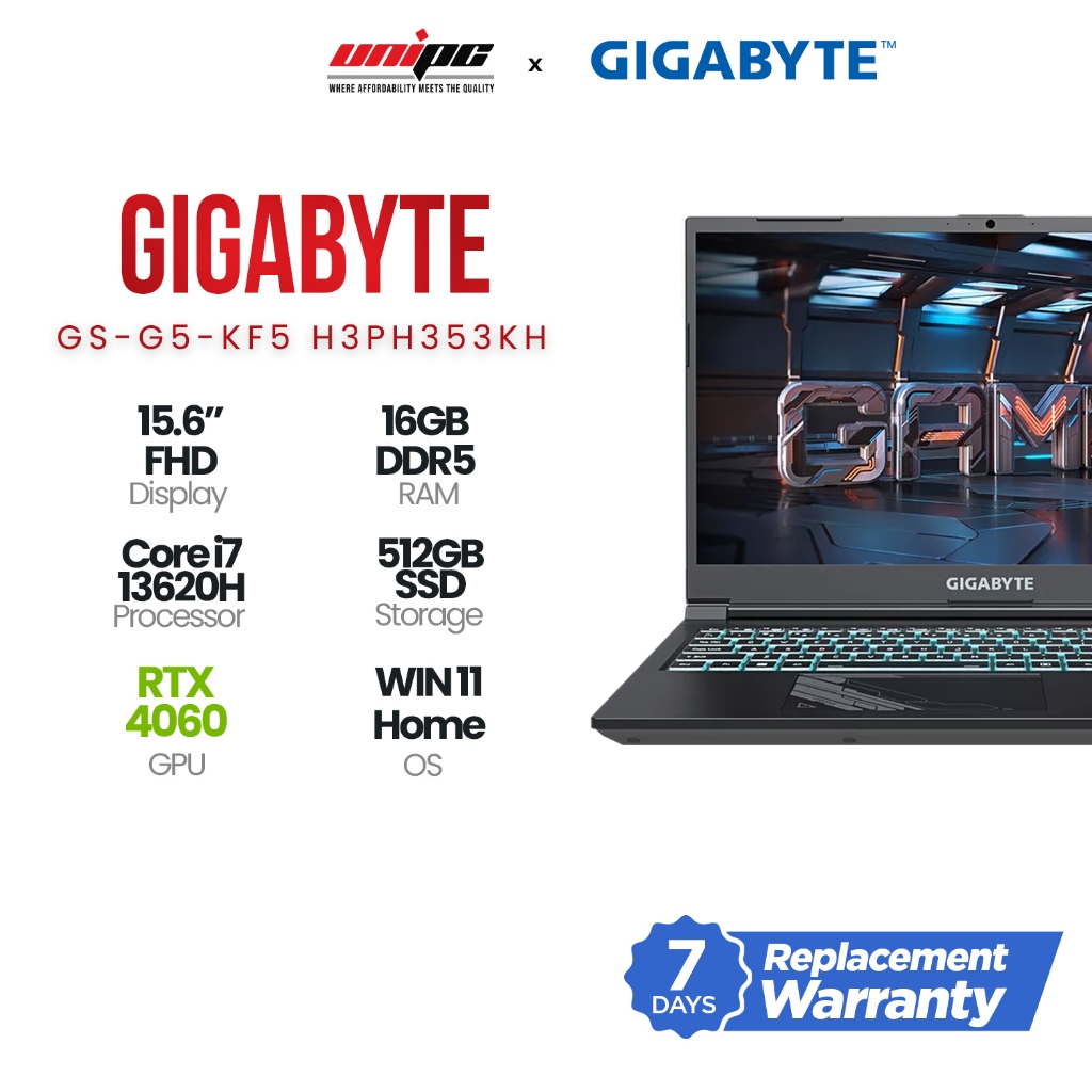 GIGABYTE GS-G5-KF5 H3PH353KH | i7-13620H | RTX4060 8GB | 16GB DDR5 | 512GB | Windows 11 | UniPC ...