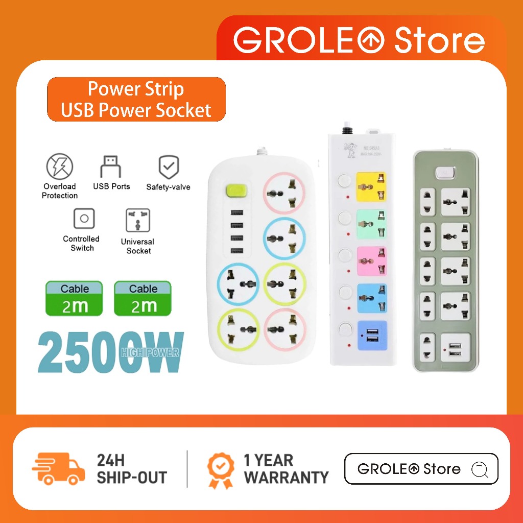 GROLEO Power Board Socket Line Extension Outlet Socket Plug with Switch Usb Cable Power Supply ...