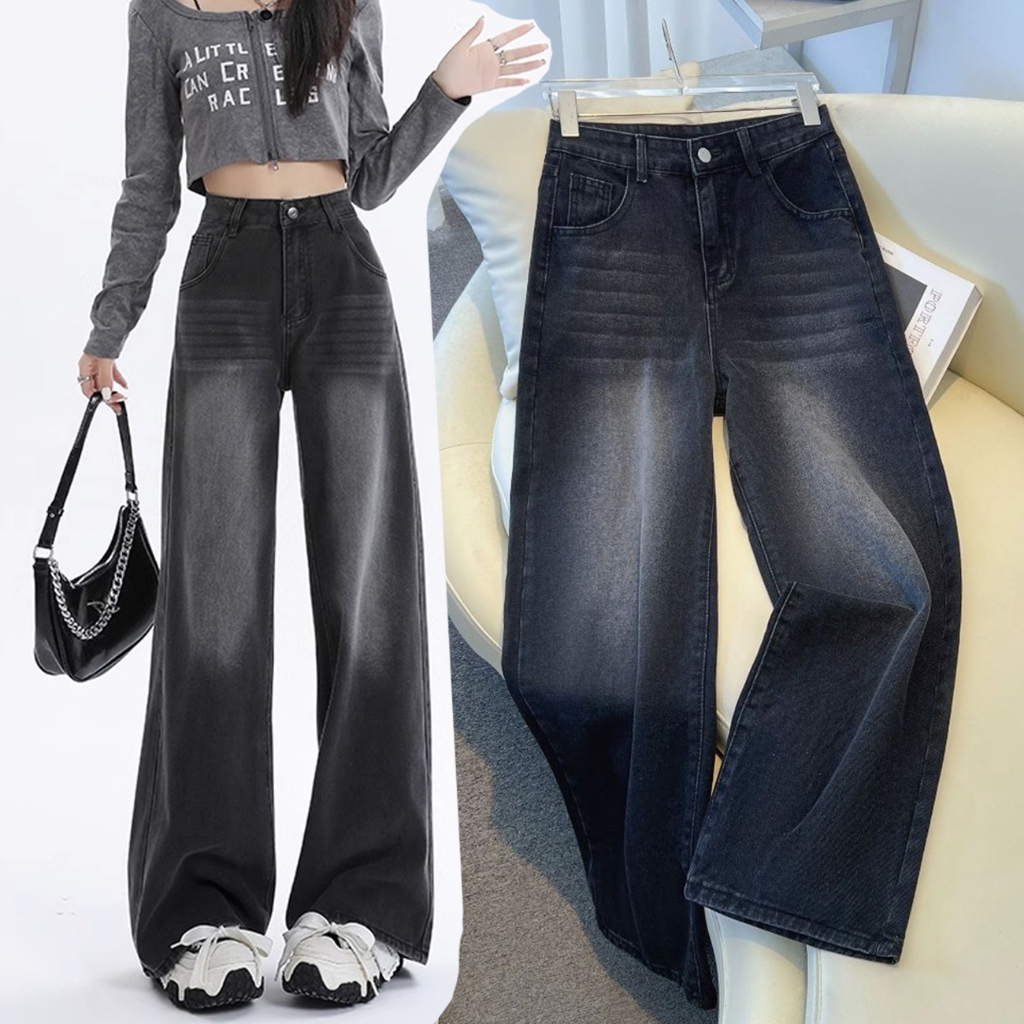 S-5XL~Long jeans pants black denim straight wide leg loose Korean style ...