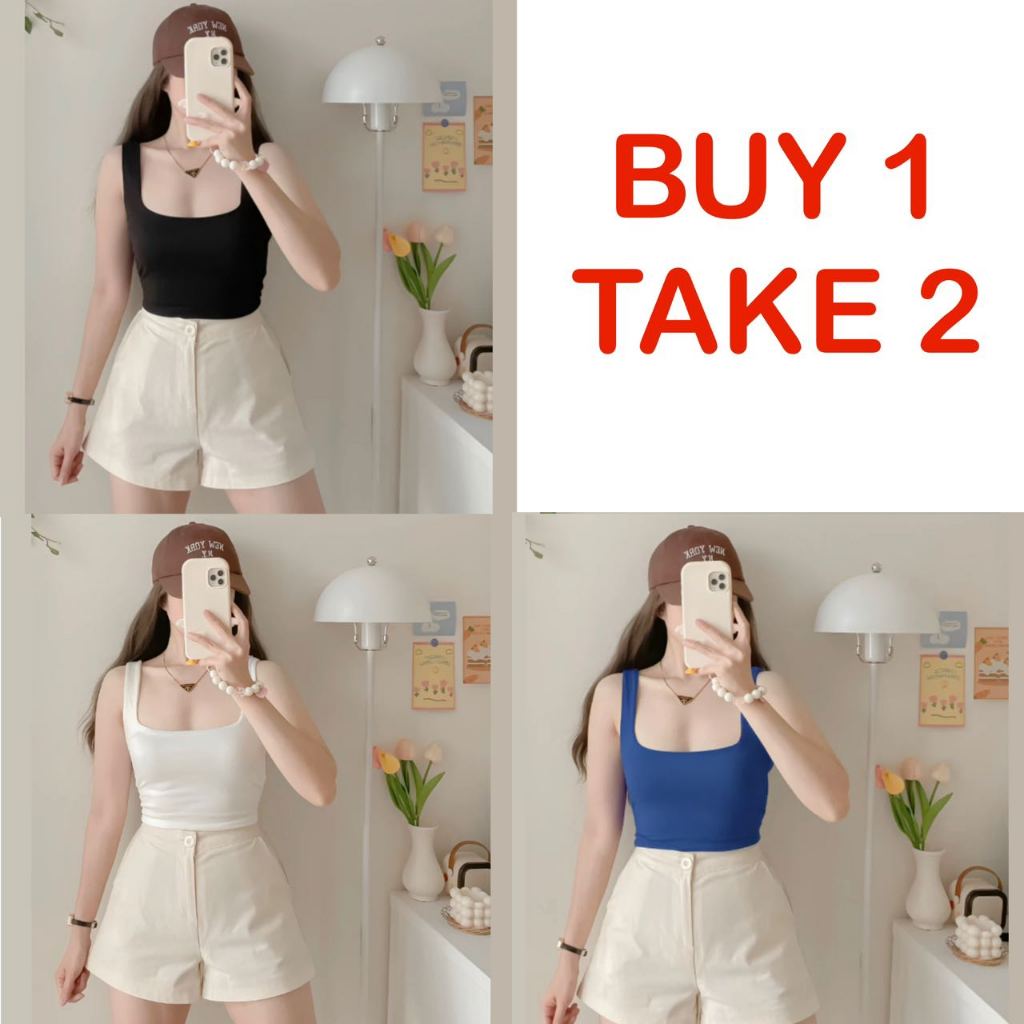 Buy 1 Take 2 & Buy 1 Take 1 Double Lining Front Seamless Square Neck Tank Top Full Length ...