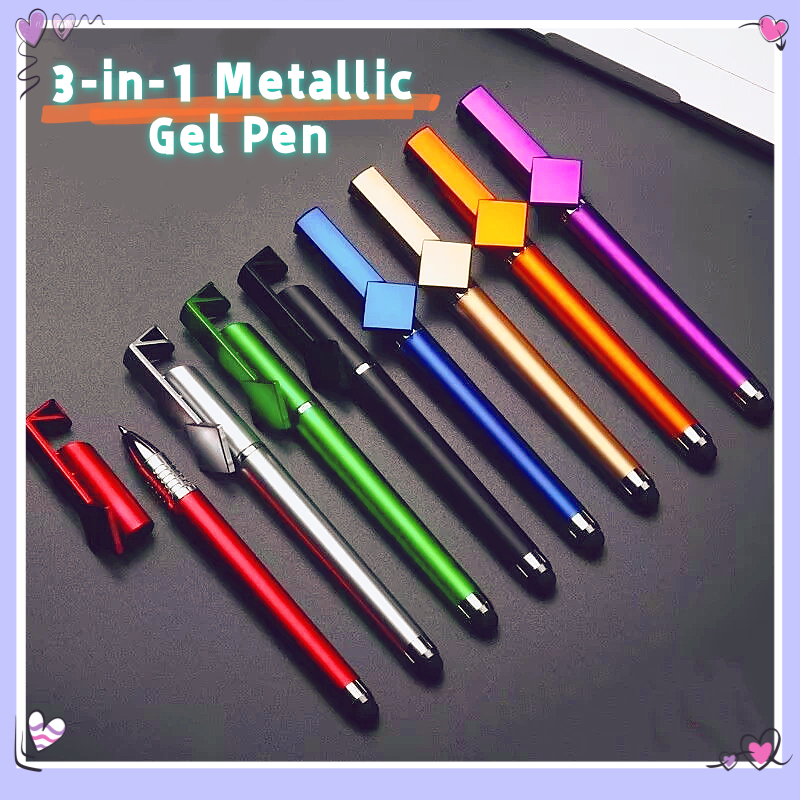3in1 Metallic Black Ink Gel Pen with Stylus and Phone Holder Multi-function Touch Screen Ballpen ...