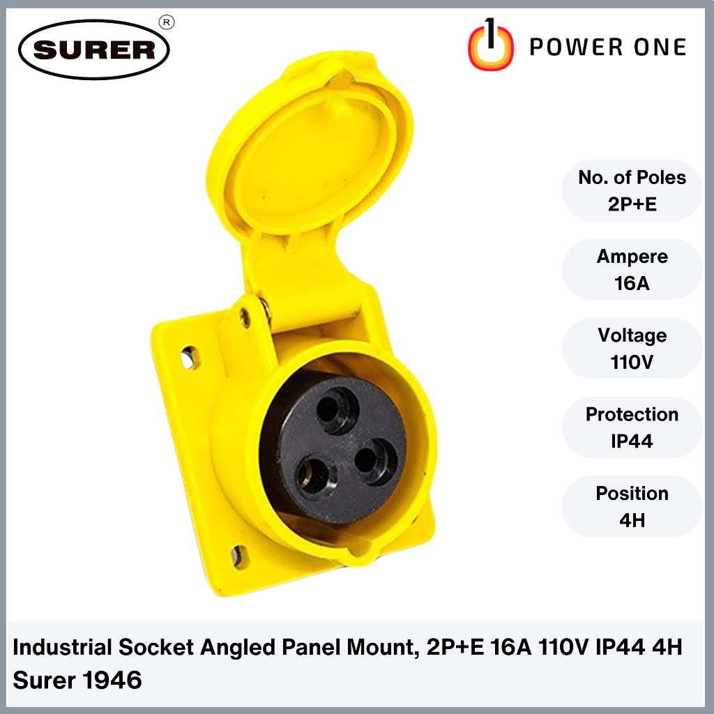 Surer 1946 Industrial Socket, Angled Panel Mount 2P+E, 16A 110V, IP44 ...