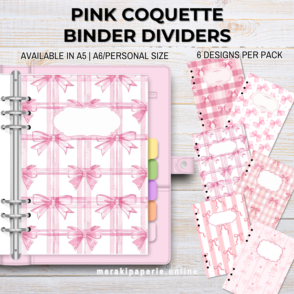 A5 A6 Personal Pink Coquette Binder Divider Planner Dashboard Student ...
