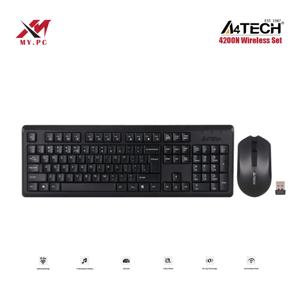 A4TECH 4200N 2.4GHz Wireless FN Desktop 1000DPI Wireless Keyboard ...