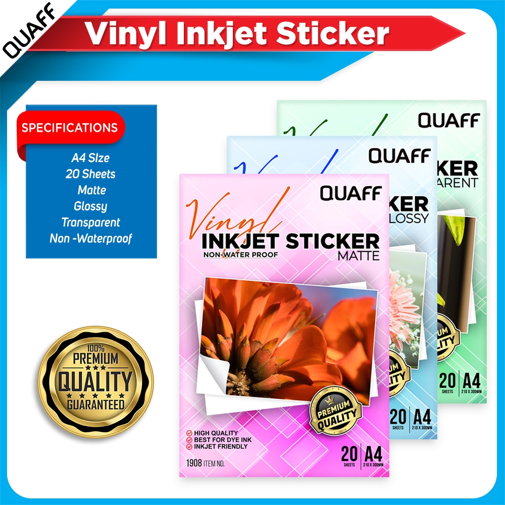 QUAFF Vinyl Inkjet Sticker A4 Size (20 sheets per pack) || Transparent, Matte, Glossy | Shopee ...