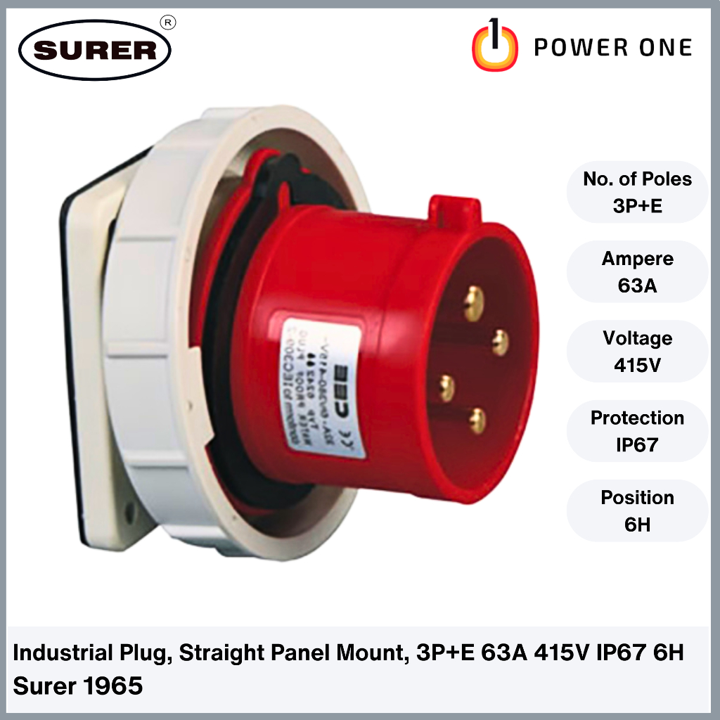 Surer 1965 Industrial Plug, Straight Panel Mount 3P+E, 63A 415V, IP67 ...