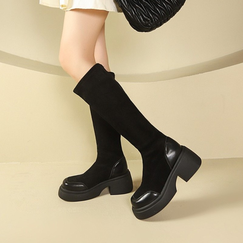 Size 35-40 Women Knee High Black Long Boots Thick Heel Mid Heel Boots ...