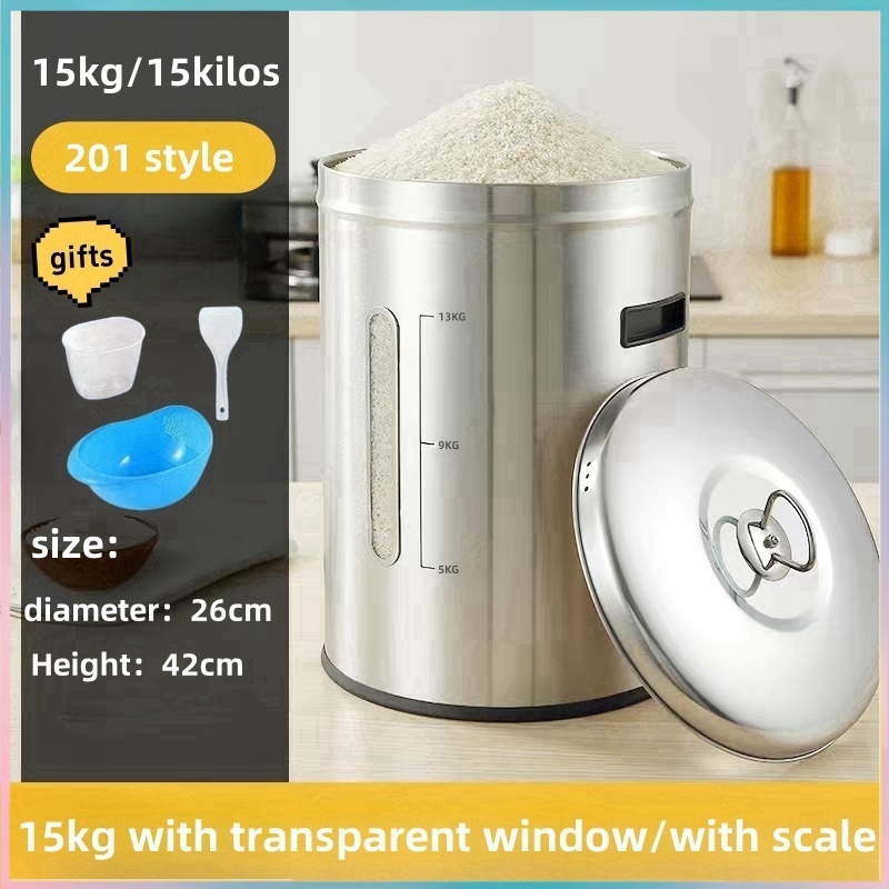 Stainless rice dispenser 15kg/15 kilos big stainless jar with lid rice ...