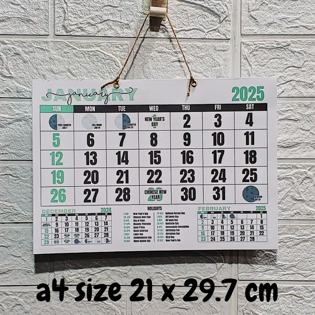 A4 size aesthetic 2025 calendar minimalist mint green and black wall ...