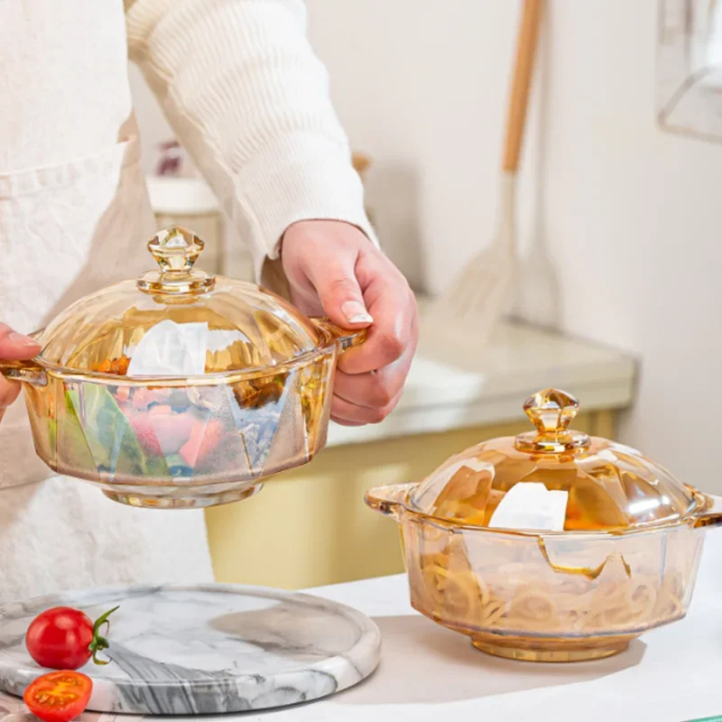 Home Living Kitchen Glass Bowl With Cover Tempered Glass Pot Bowl ...