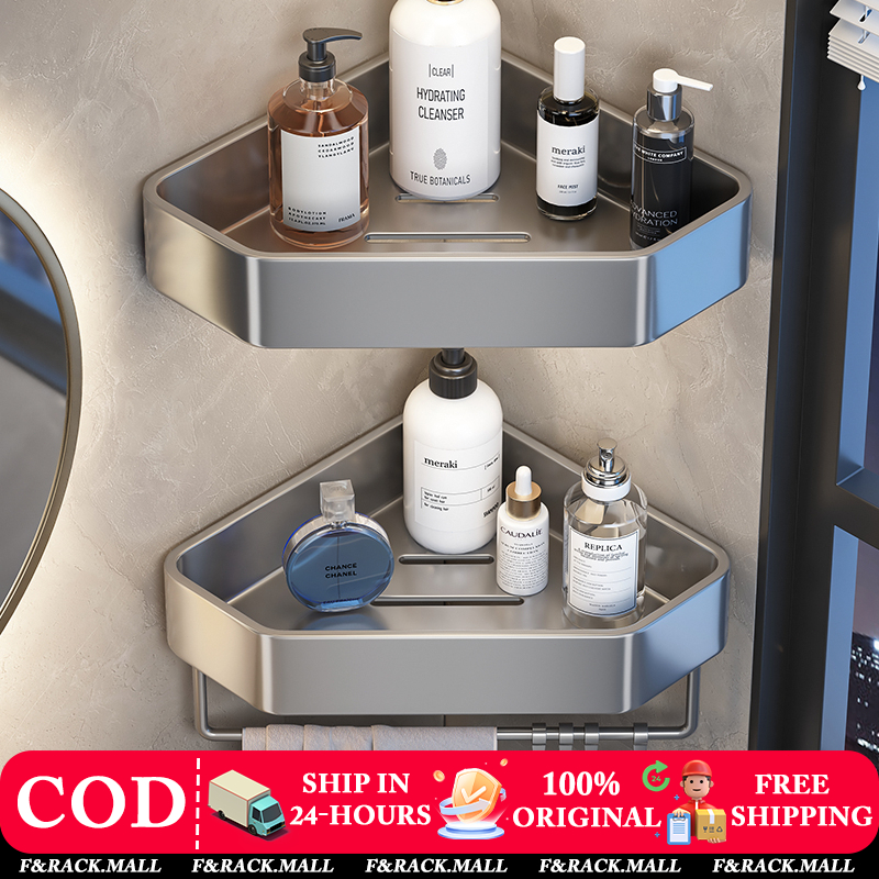 punch-free bathroom corner shelf shampoo organizer towel rack ...