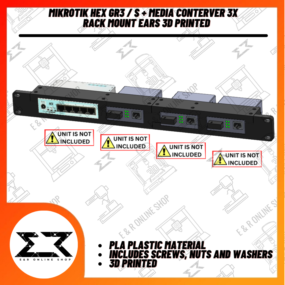 Mikrotik Hex Gr3/S + Media Converter 3X Rack Mount Ears 3D Printed ...