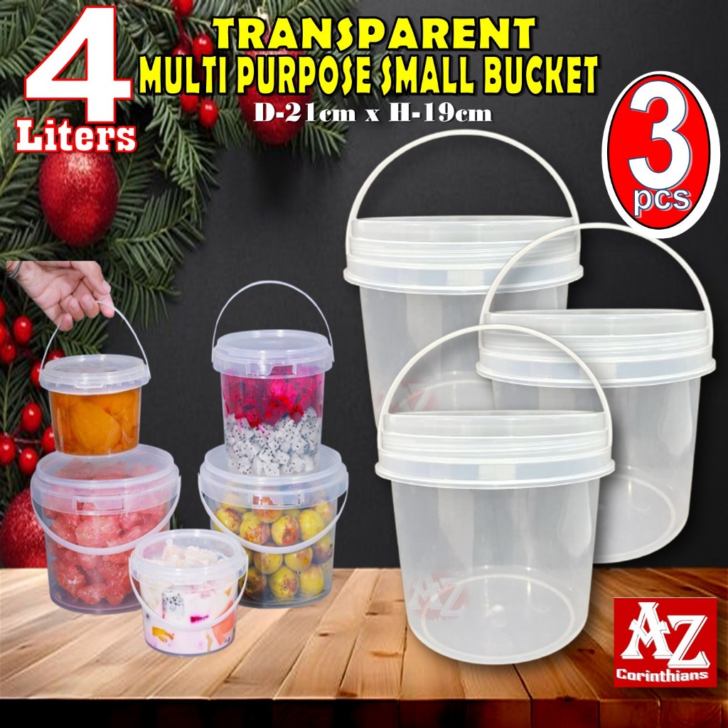 4 Liters Bucket Pail transparent with Cover and Handle, Grocery bucket ...