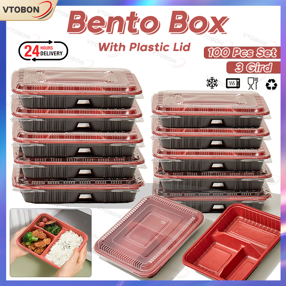 Lunch Bento Box Disposable Trays With Plastic Lid 100 Set Pack Takeaway ...