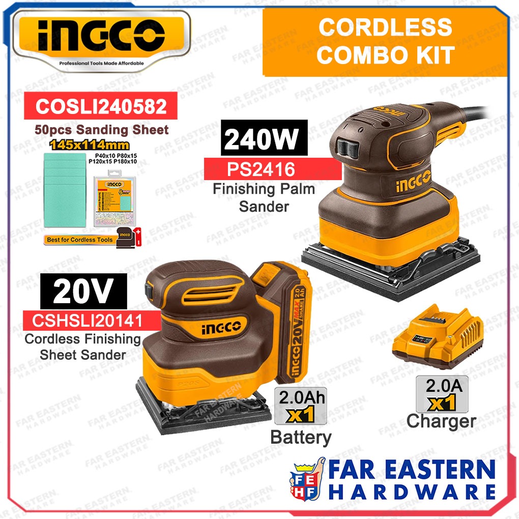 INGCO COMBO KIT Cordless Finishing Sheet Palm Sander 20V COSLI240582 ...