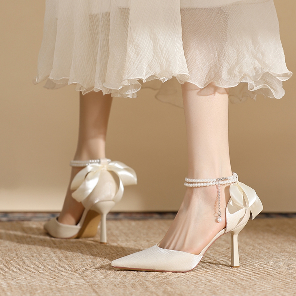 Women Pearl Lace Straps pointed heels Formal Fashion High Heels ...
