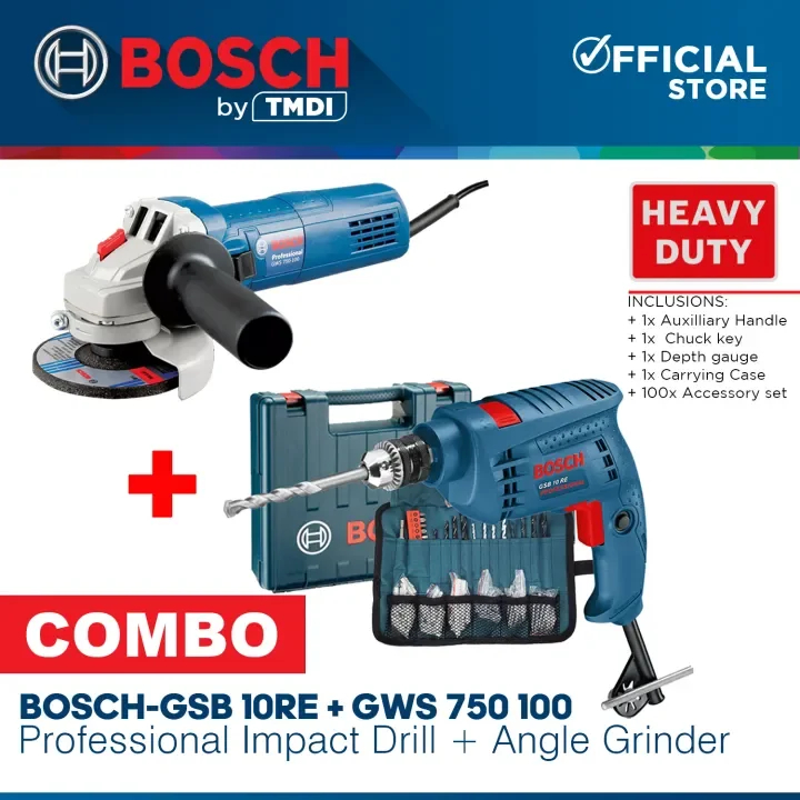 (COMBO) BOSCH Professional Impact Drill 500W + Angle Grinder 750W (GSB 10 RE + GWS 750 100) BPT ...