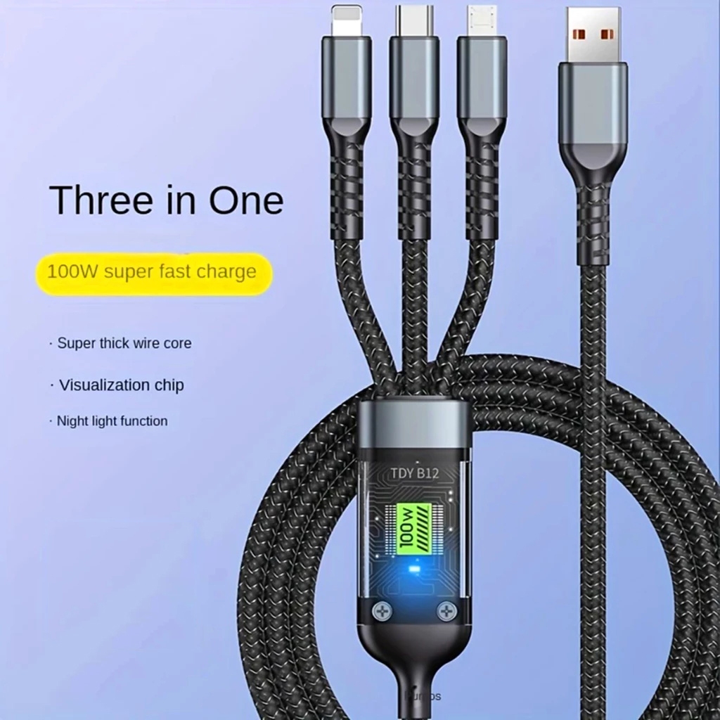 100W 3 in 1 Super Charging Cable 6A Micro USB Type C Fast Charger Type ...