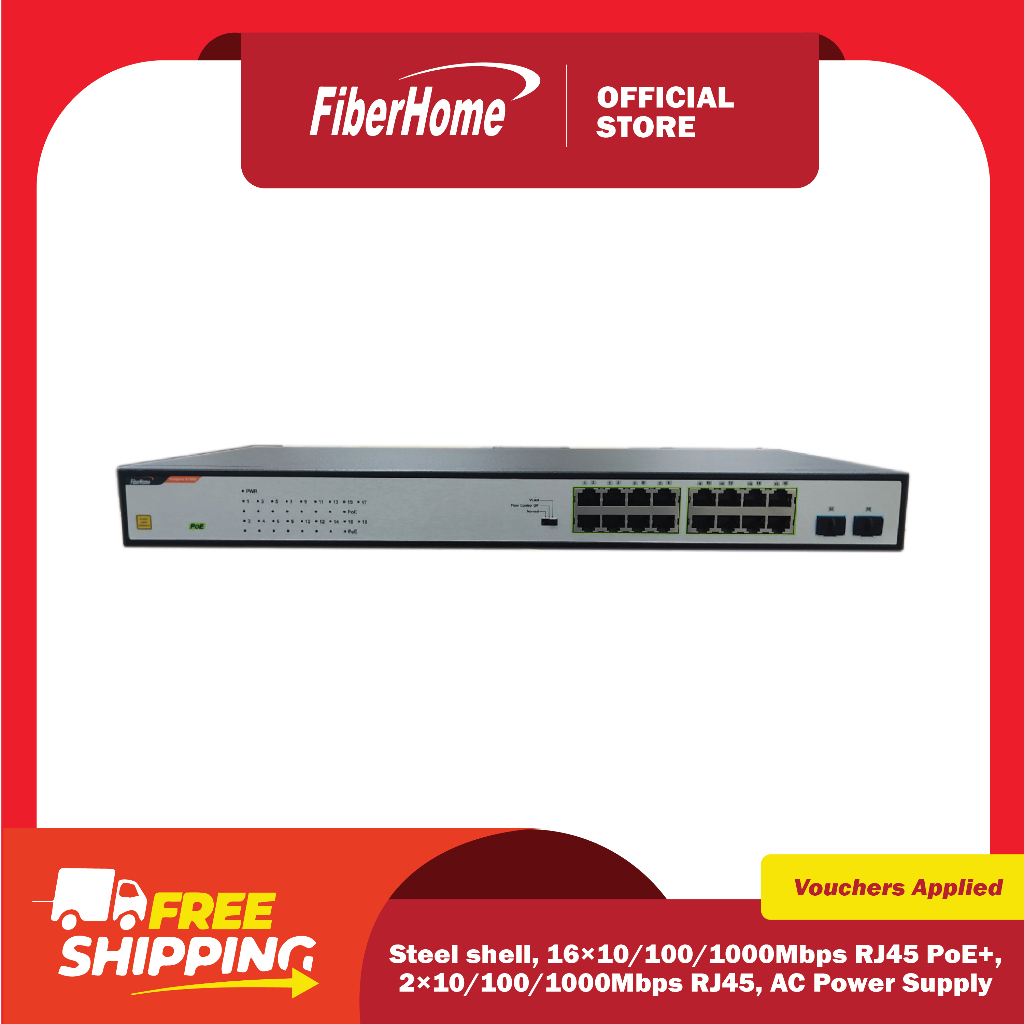 FIBERHOME S1800-16G2F-P 16-PORT POE+ GIGABIT SWITCH Steel case, 16× ...