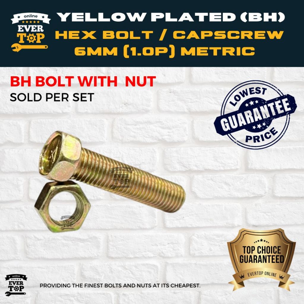 6MM(1.0P) BH Hex Bolt | Gold Plated Capscrew Ordinary w/Nut SOLD PER ...
