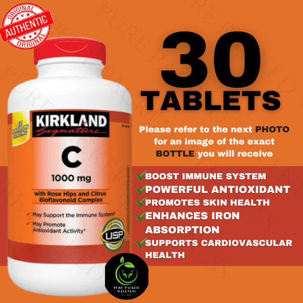 30 Tablets - Authentic Kirkland Vitamin C 1000 mg with Rose Hips and Citrus Bioflavonoid Complex ...