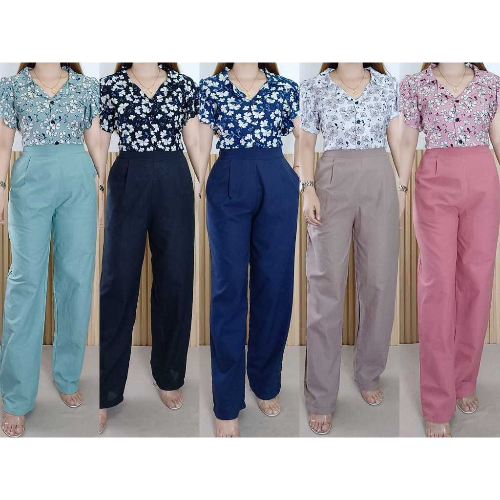 ATtrendS SASHA PANTS COORDS Bell Sleeves Button Blouse & Plain Linen ...